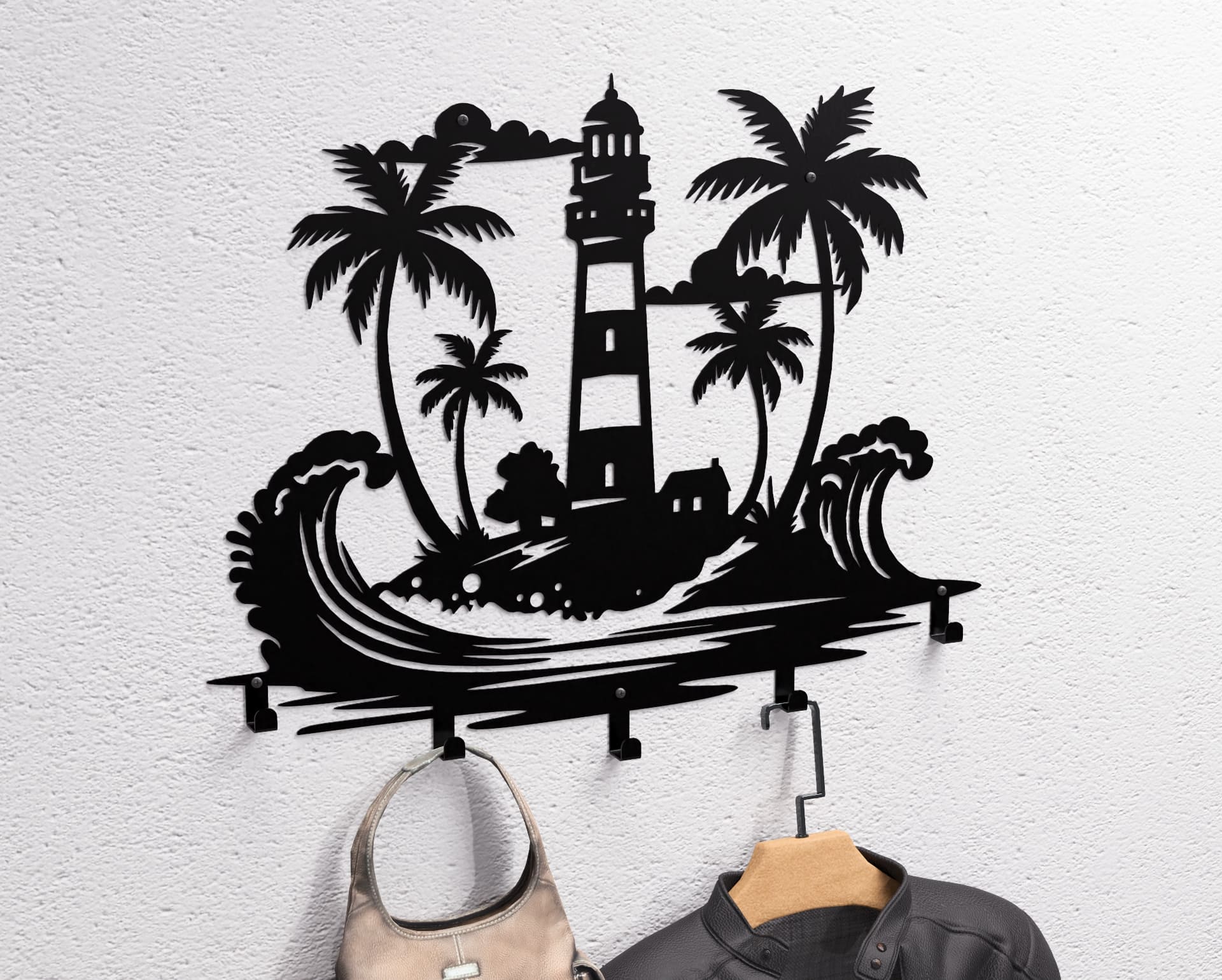 Palm Trees and Lighthouse Wall-Mounted Coat Rack. Wall Mount Coat Rack ...