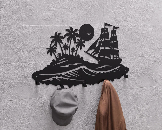 Sailing Ship and Tropical Island Wall-Mounted Coat Rack. Wall Mount ...